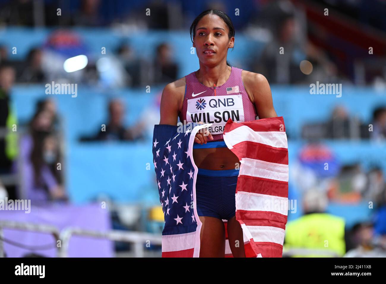 Ajee Wilson with the EEUU flag at the Belgrade 2022 Indoor World ...