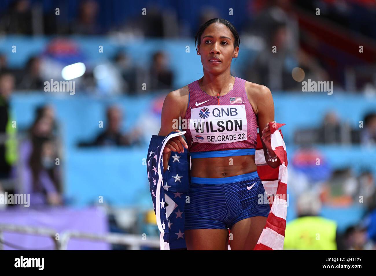 Ajee Wilson with the EEUU flag at the Belgrade 2022 Indoor World ...