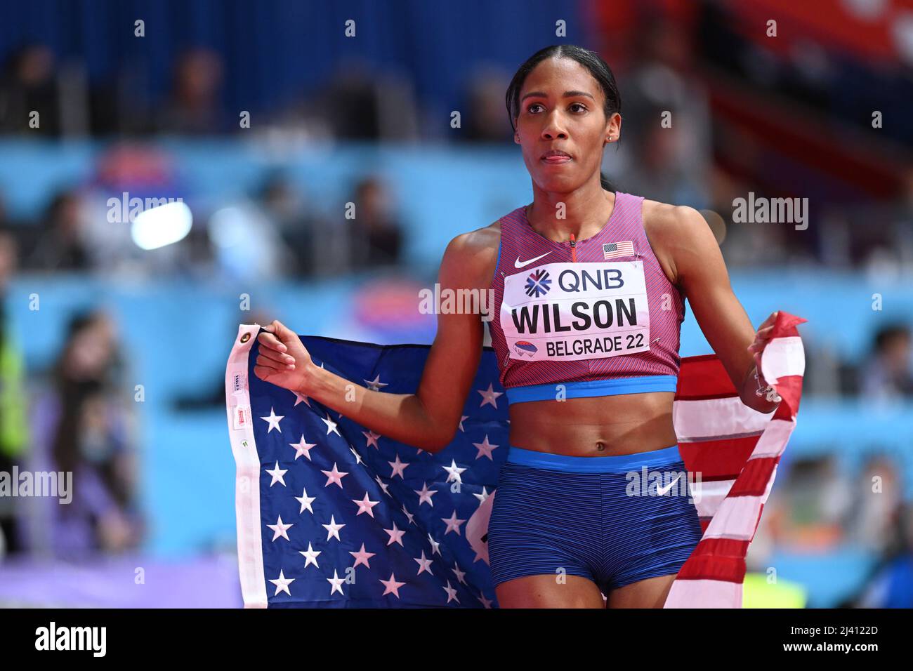 Ajee Wilson with the EEUU flag at the Belgrade 2022 Indoor World ...