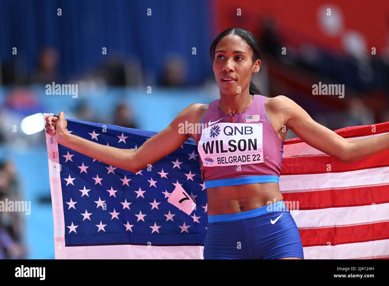 Ajee Wilson with the EEUU flag at the Belgrade 2022 Indoor World ...