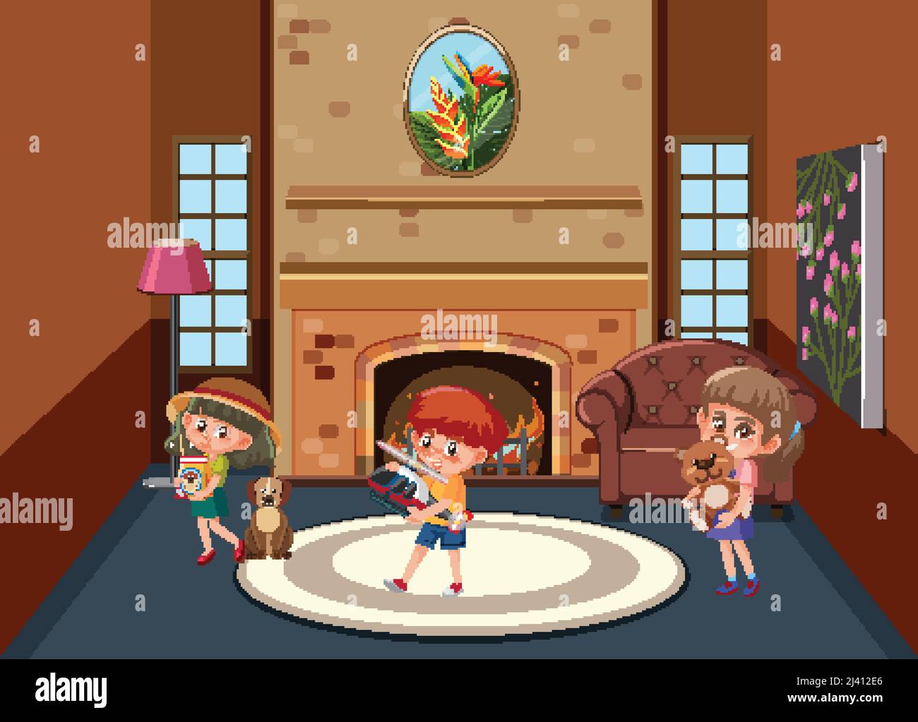 Living room scene with children cartoon character illustration Stock ...