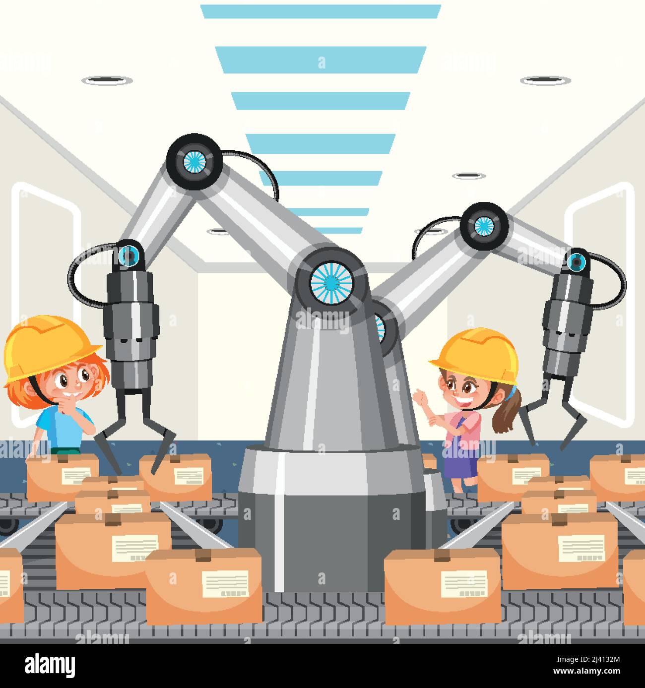 Automation industry concept with assembly line robots illustration ...