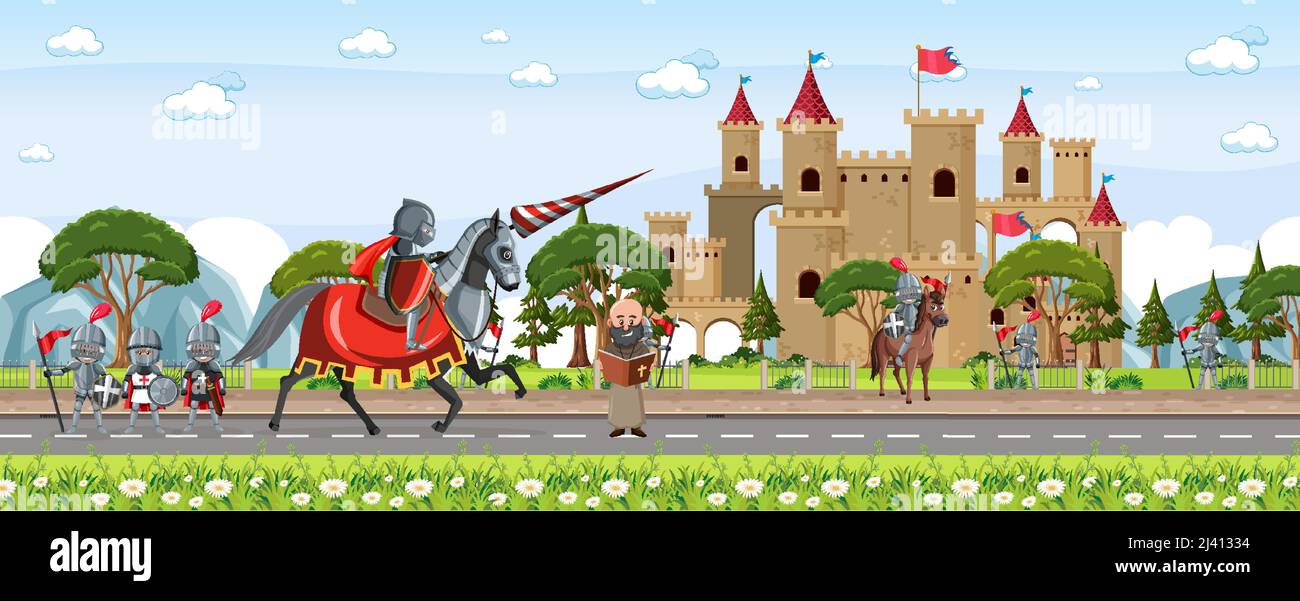 Medieval town scene with villagers and castle illustration Stock Vector ...