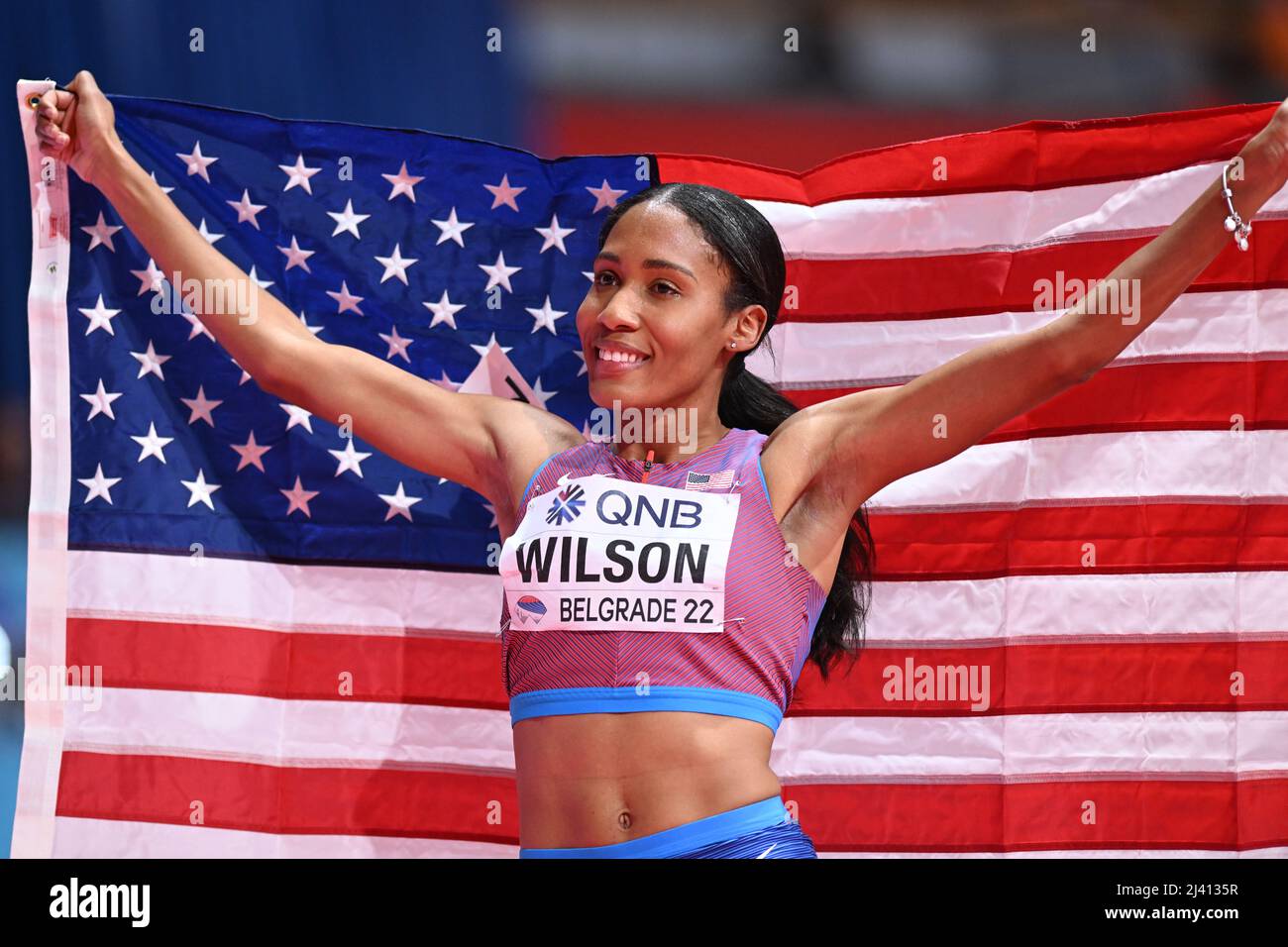 Ajee Wilson with the EEUU flag at the Belgrade 2022 Indoor World ...
