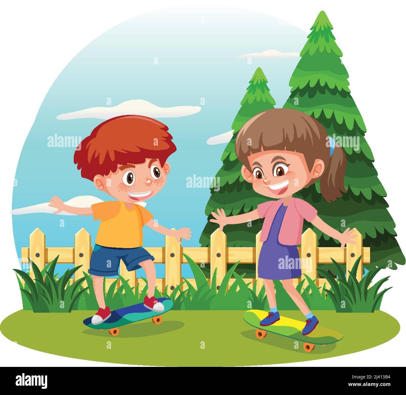 Two kids playing skateboard in the park illustration Stock Vector Image ...