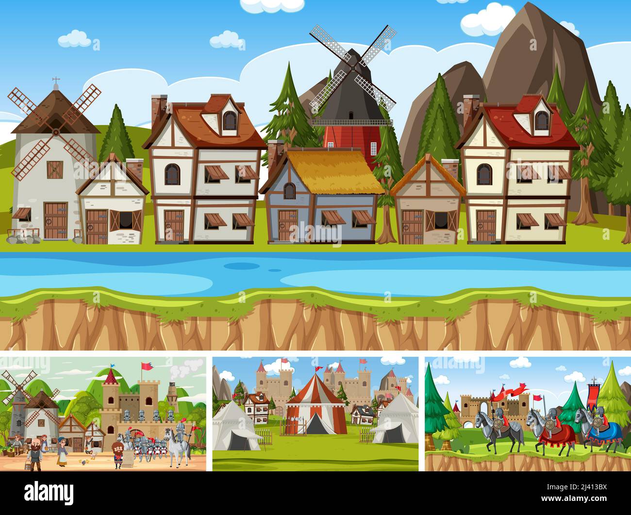 Set of different scene medieval illustration Stock Vector Image & Art ...