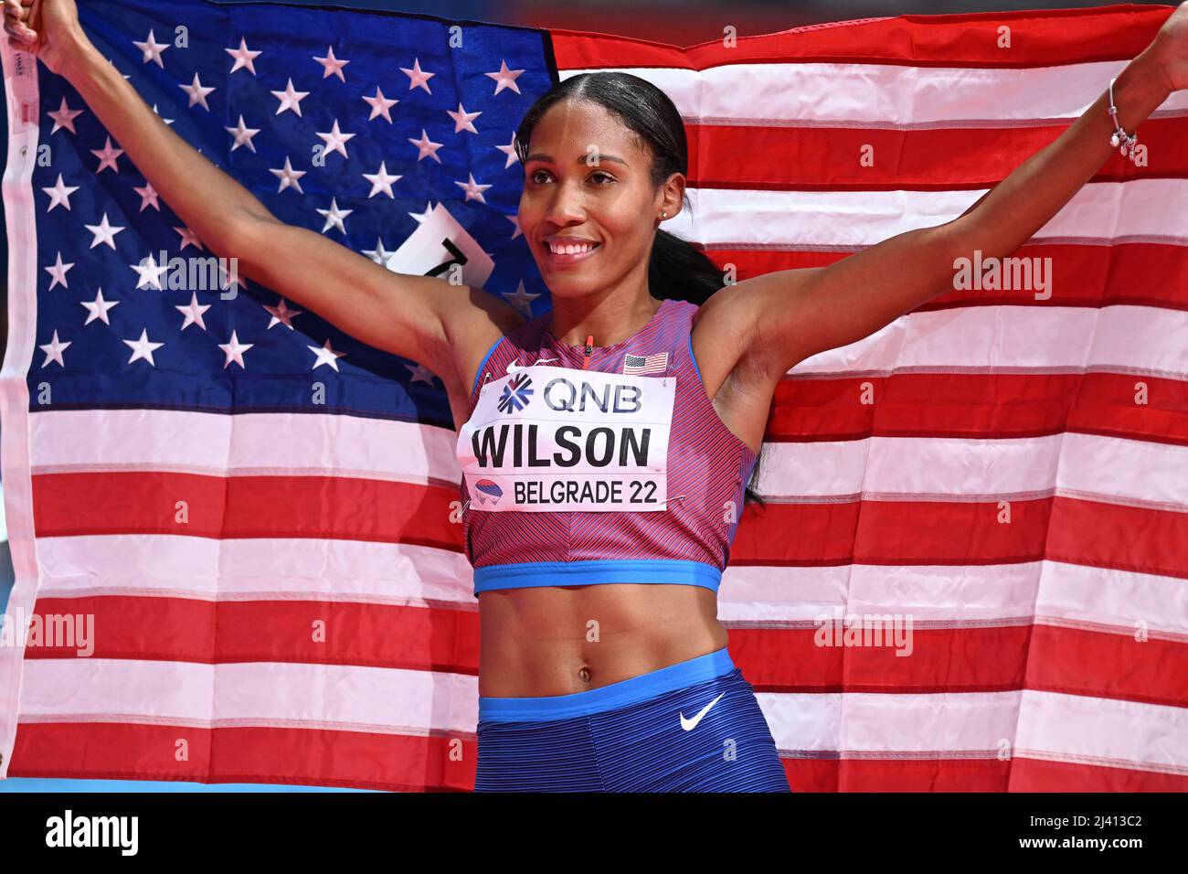 Ajee Wilson with the EEUU flag at the Belgrade 2022 Indoor World ...