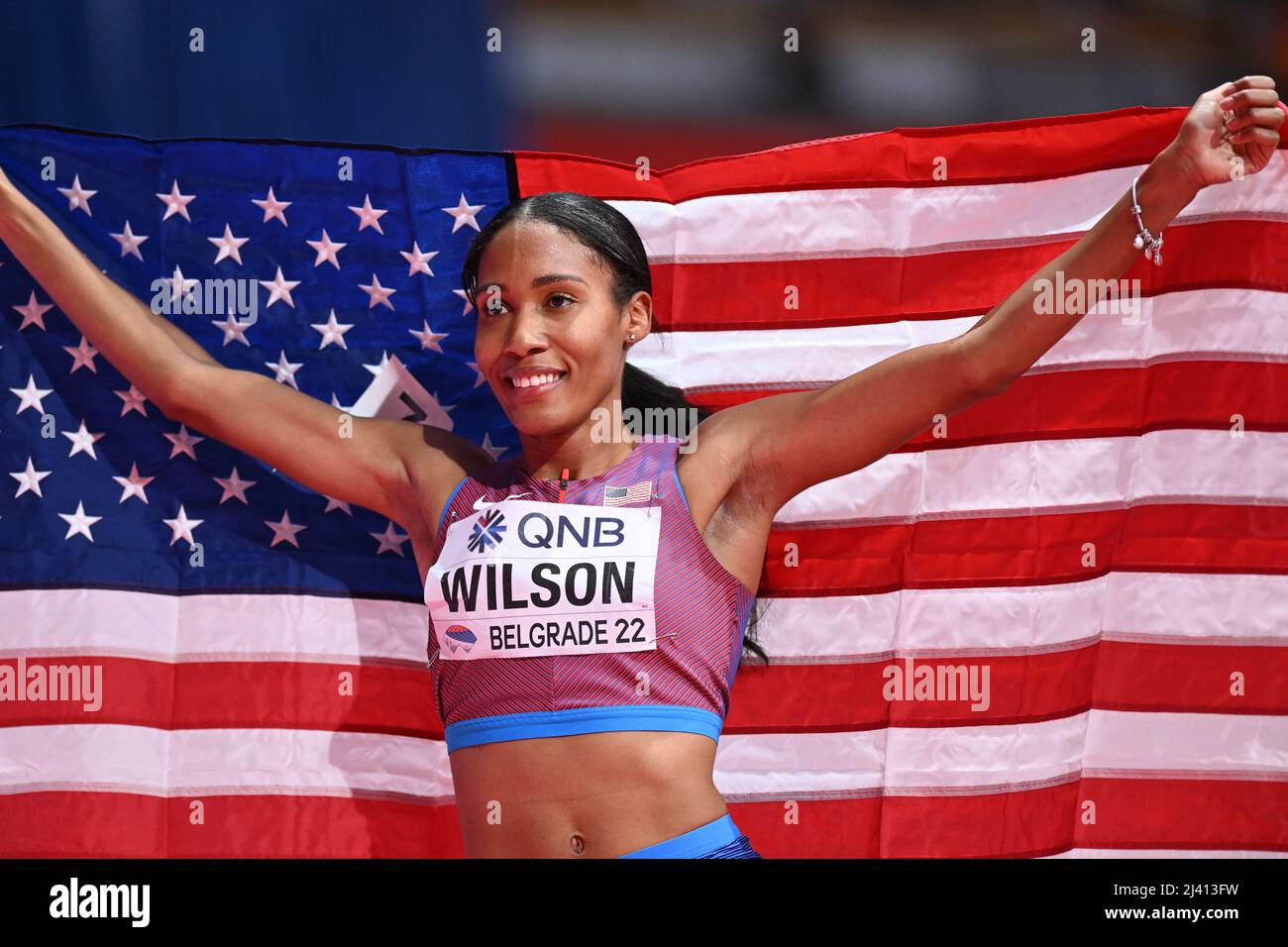Ajee Wilson with the EEUU flag at the Belgrade 2022 Indoor World ...