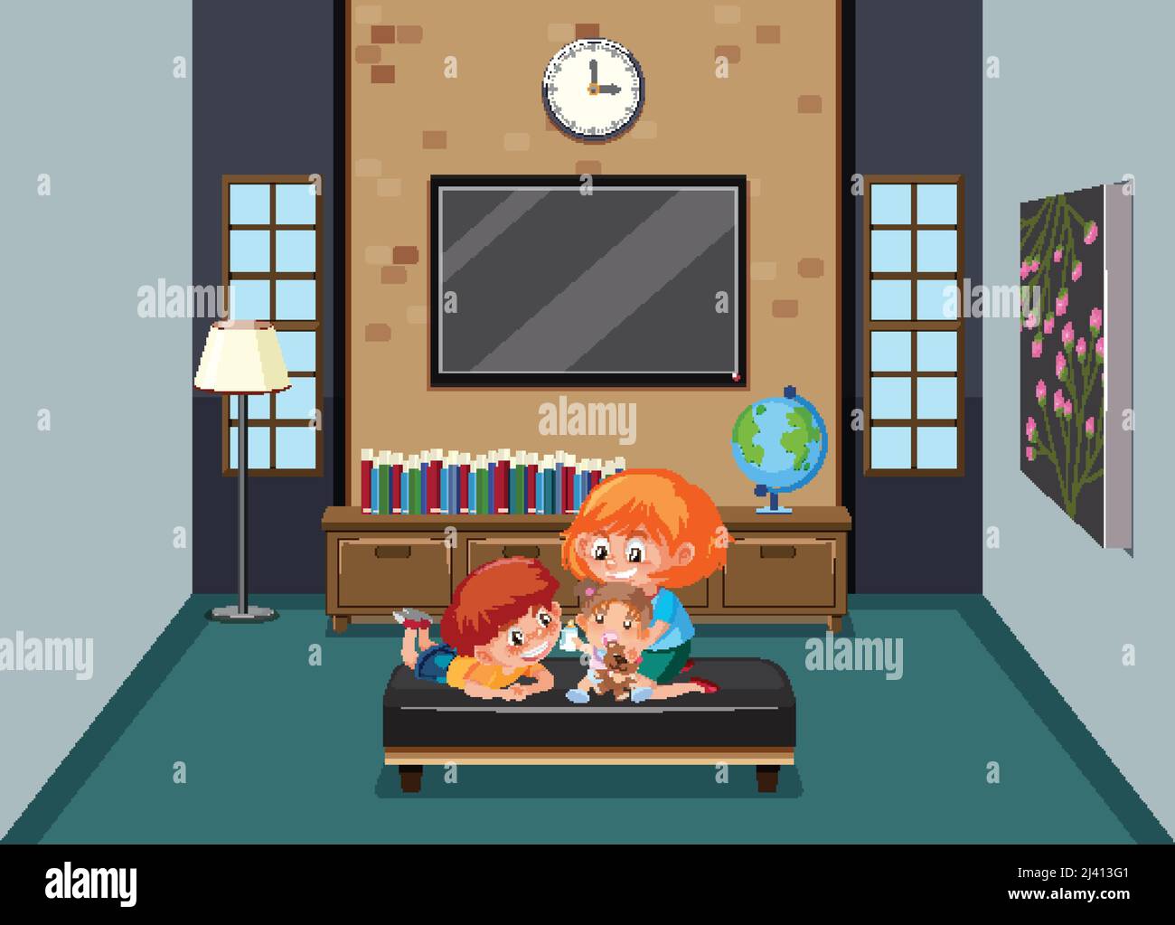 Living room scene with children cartoon character illustration Stock ...