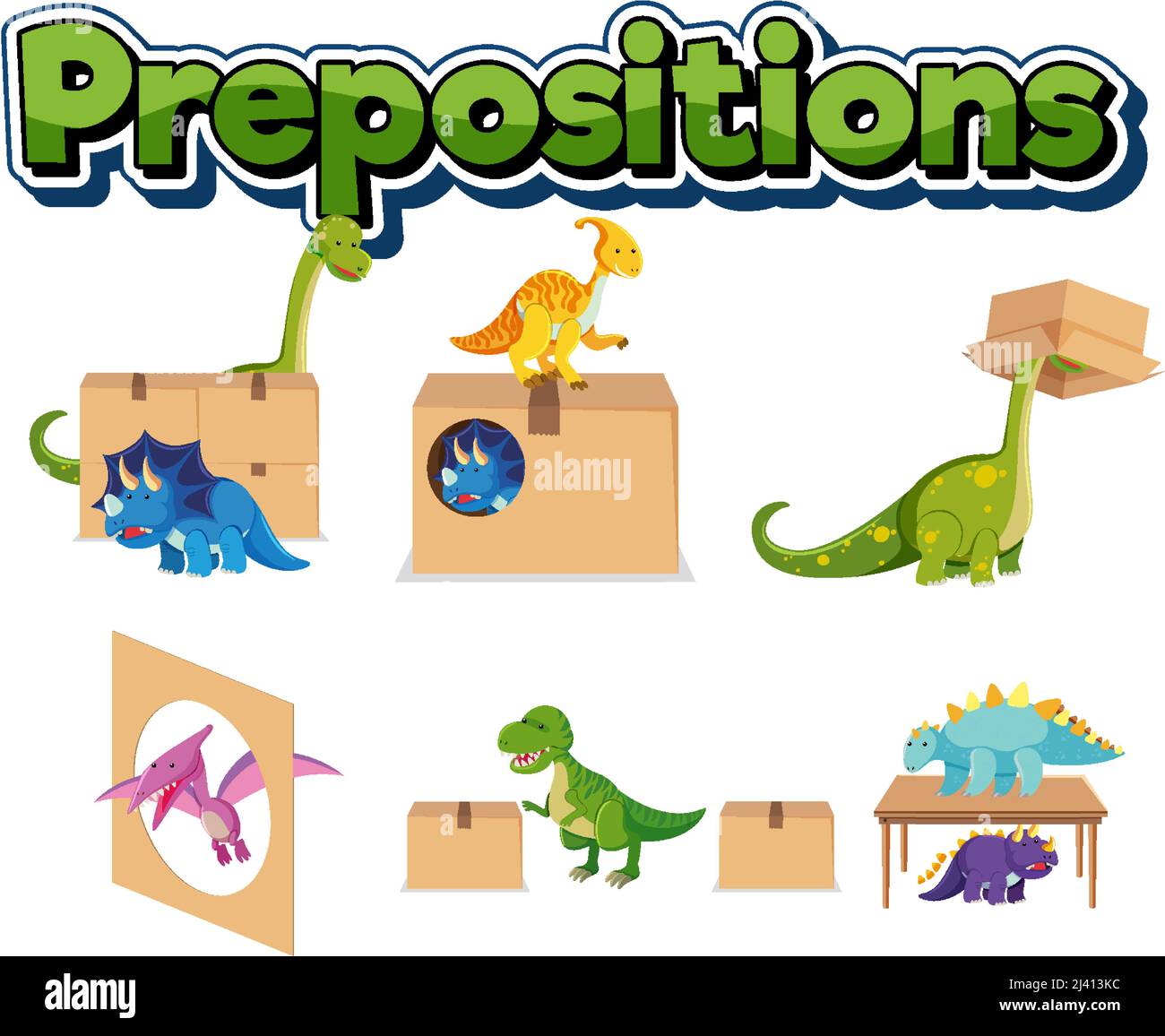 Preposition wordcard with dinosaur and box illustration Stock Vector ...