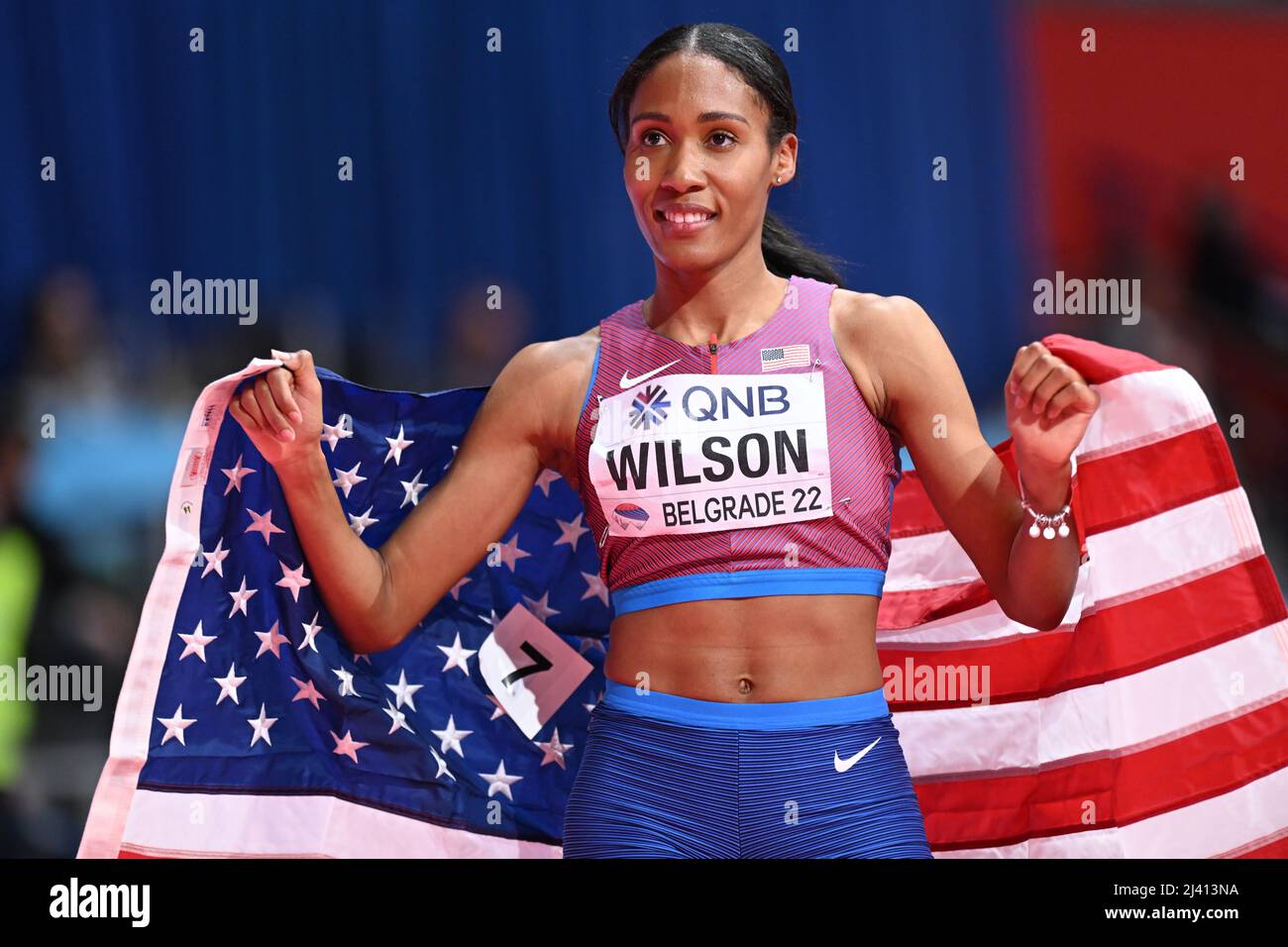 Ajee Wilson with the EEUU flag at the Belgrade 2022 Indoor World ...