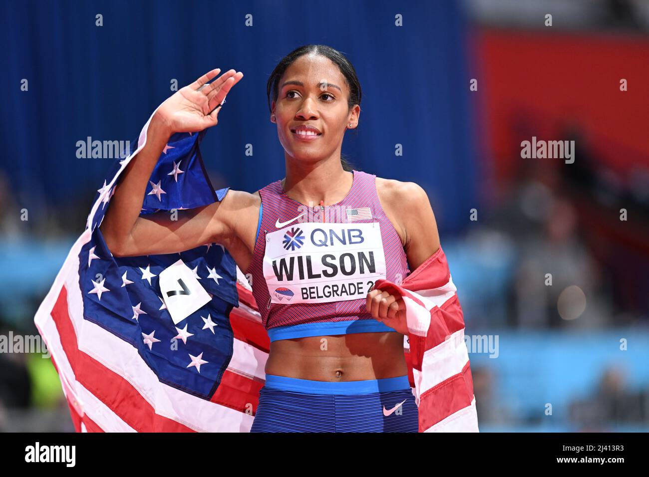 Ajee Wilson with the EEUU flag at the Belgrade 2022 Indoor World ...