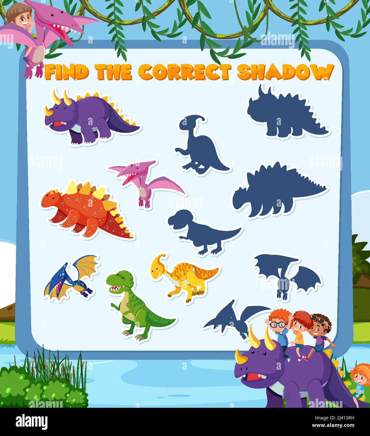Find the correct shadow game template of dinosaur illustration Stock ...