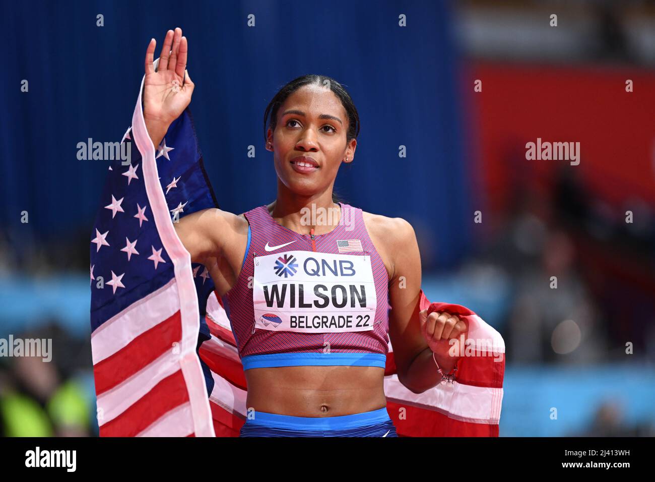 Ajee Wilson with the EEUU flag at the Belgrade 2022 Indoor World ...