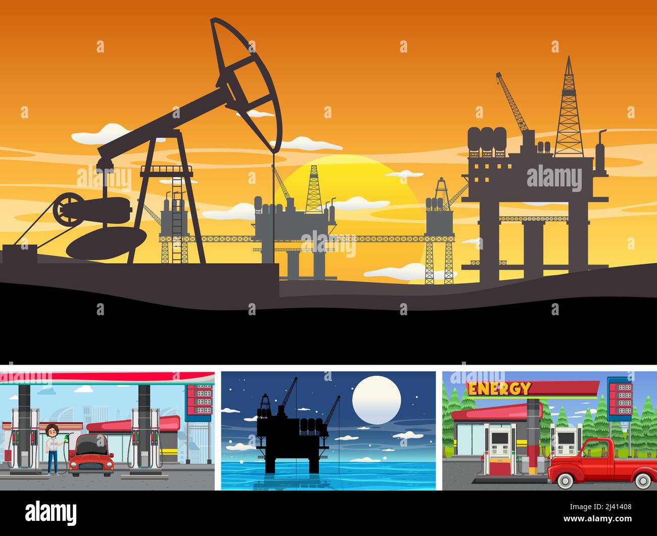 Set of oil petrol and gas relevant scene illustration Stock Vector ...