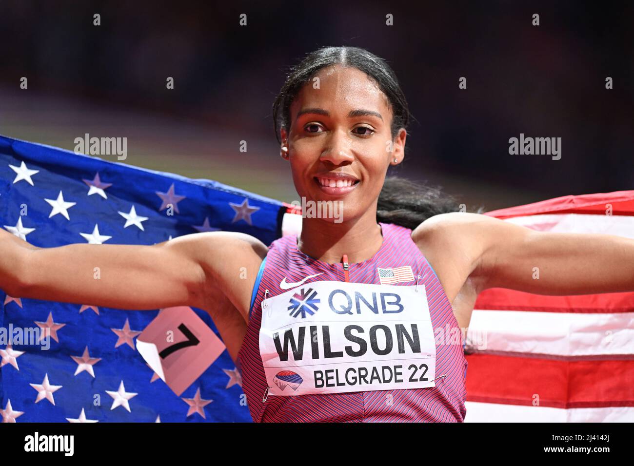 Ajee Wilson with the EEUU flag at the Belgrade 2022 Indoor World ...