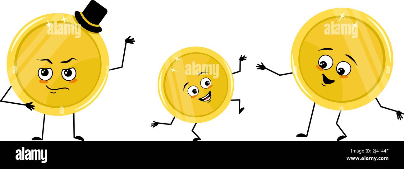 Family of golden coin character with happy emotions and poses, smile ...