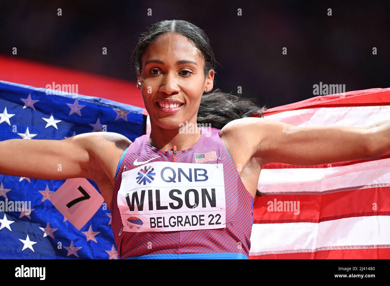 Ajee Wilson with the EEUU flag at the Belgrade 2022 Indoor World ...
