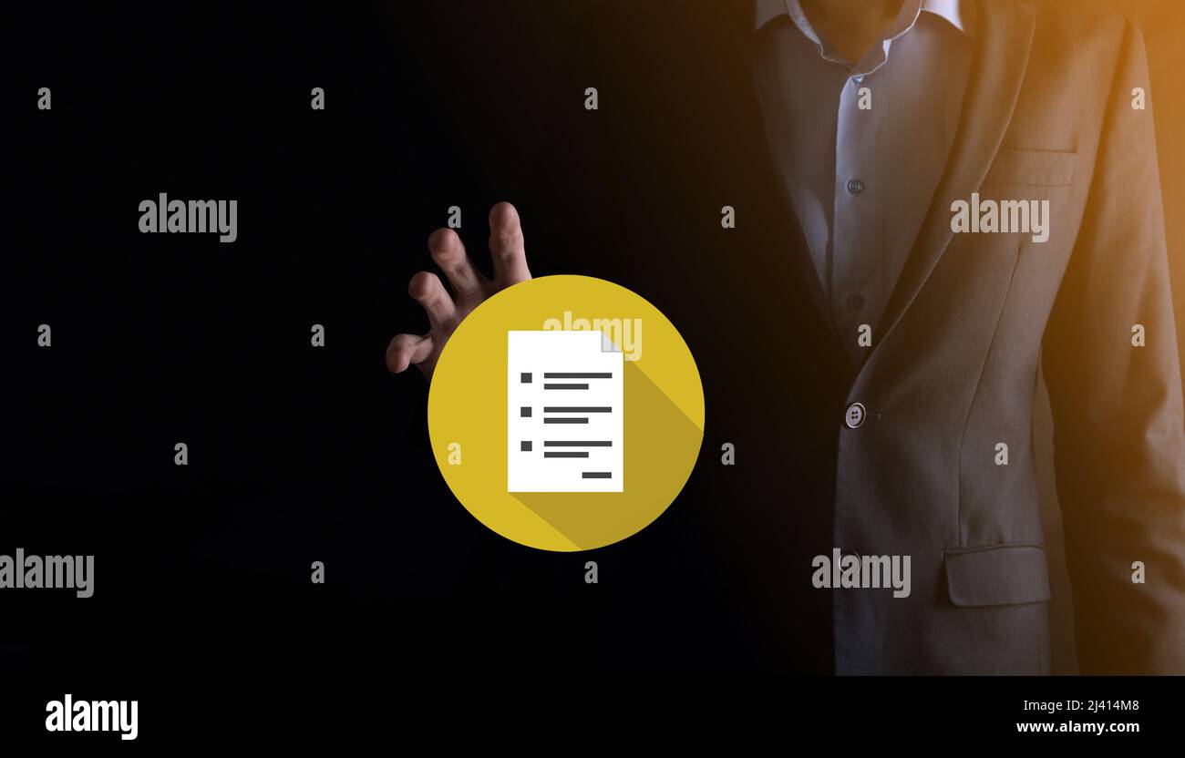 Businessman man holding a document icon in his hand Document Management ...