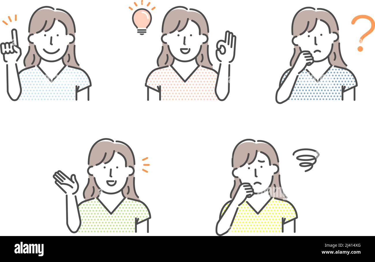 Simple young woman (upper body) gesture pattern illustration set Stock ...