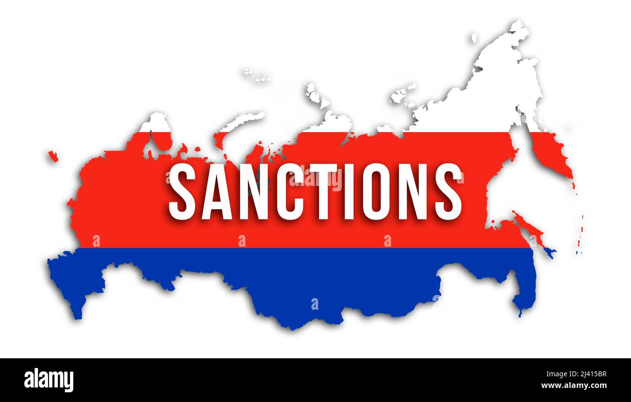 Stop the war. Russian sanctions concept. Country silhouette in national ...