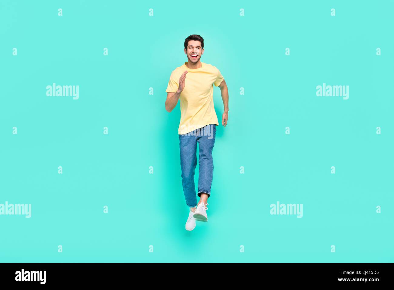 Full size photo of energetic active person run speed fast isolated on ...