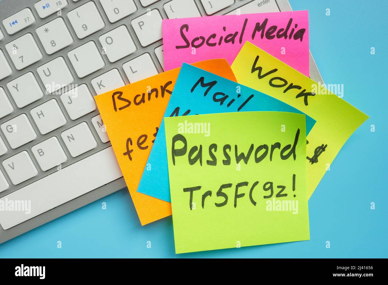 Stickers with inscriptions on the keyboard. Password management concept ...