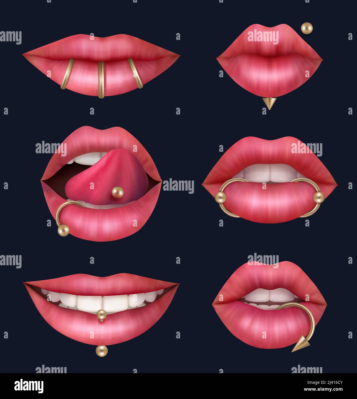 Lips piercing. Tongue metallic decoration lips geometric chrome ...