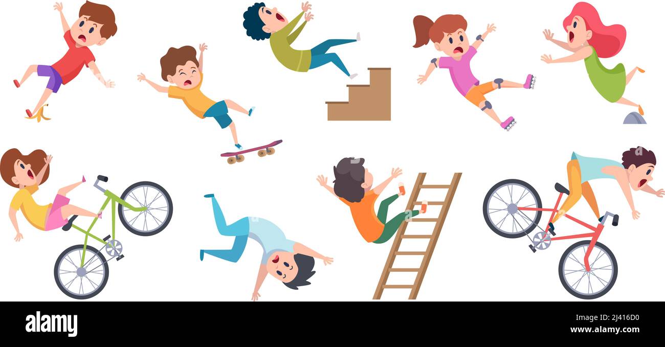 Falling kids. Dangerous situations with childrens outdoor running and ...