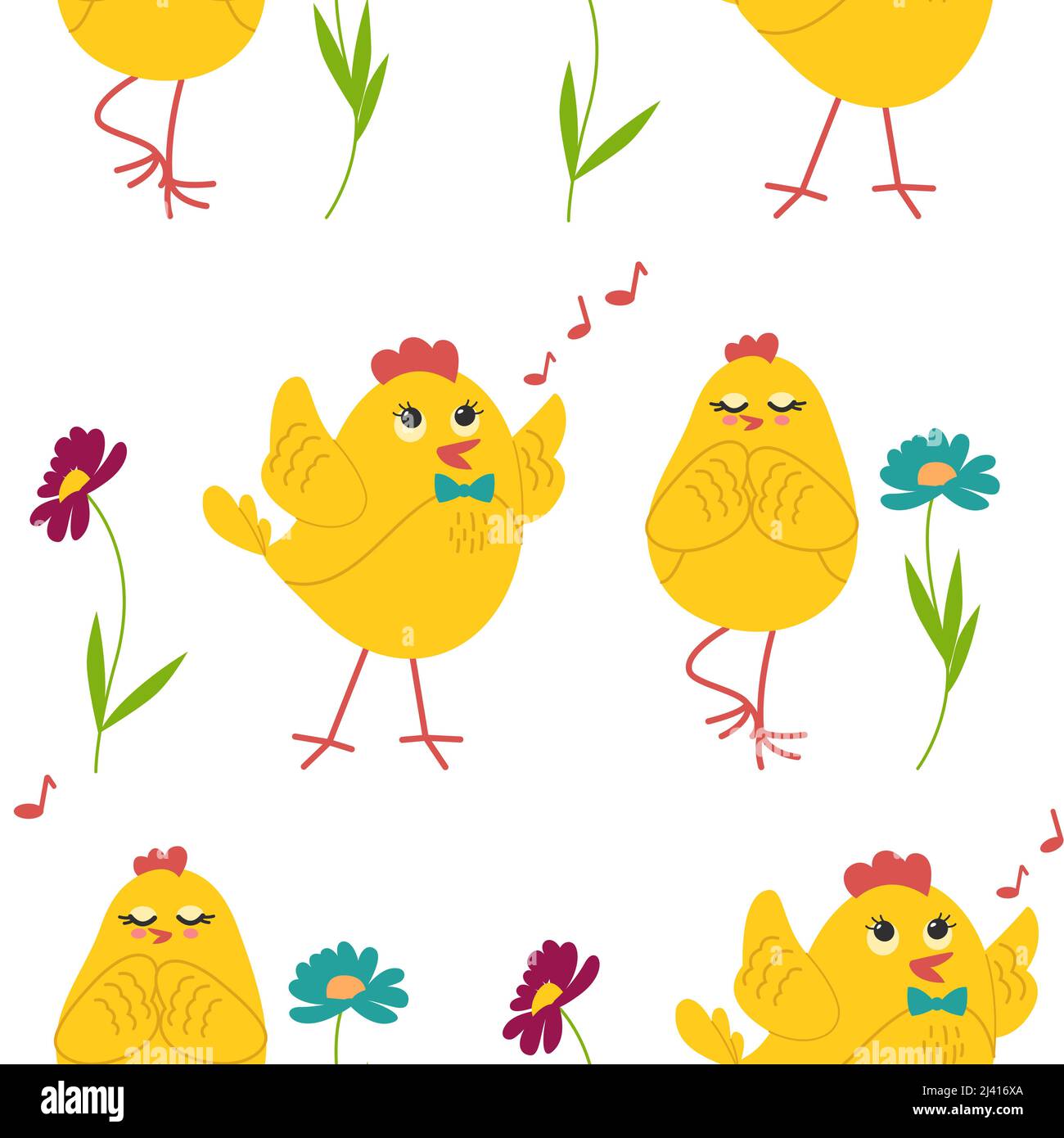 Cute yellow chicks in different poses seamless pattern, birds and ...