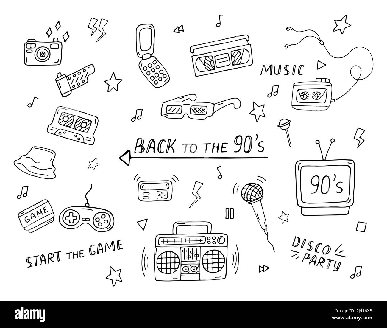 90s doodle set. Vector collection of retro electronics and things from ...