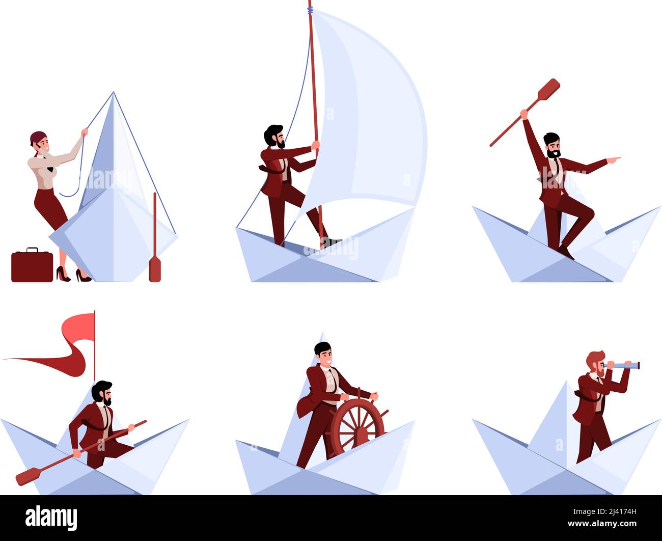 Businessman on boat. Office leader managers bosses moving on paper ship ...