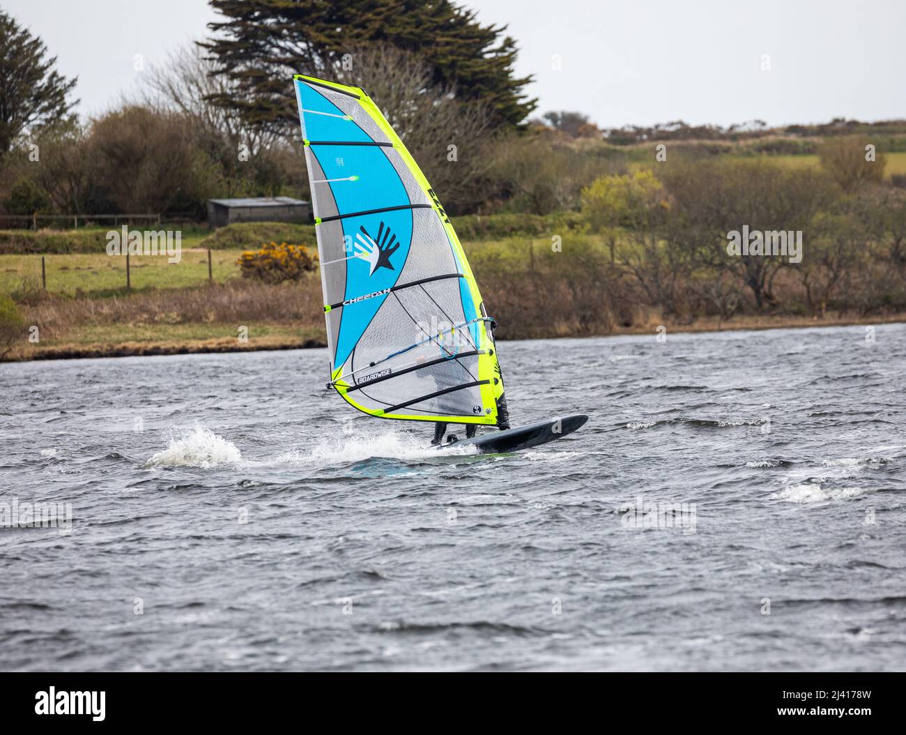 People wind foiling on Stithians Lake, Menherion in South West Cornwall ...