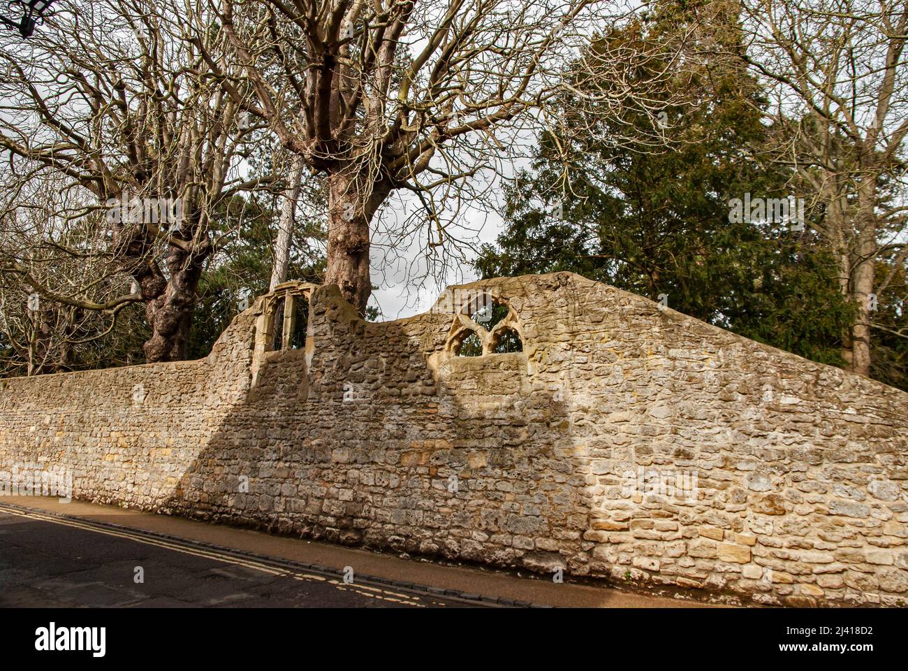 Old stone traditional British garden wall in country town closeup Stock ...