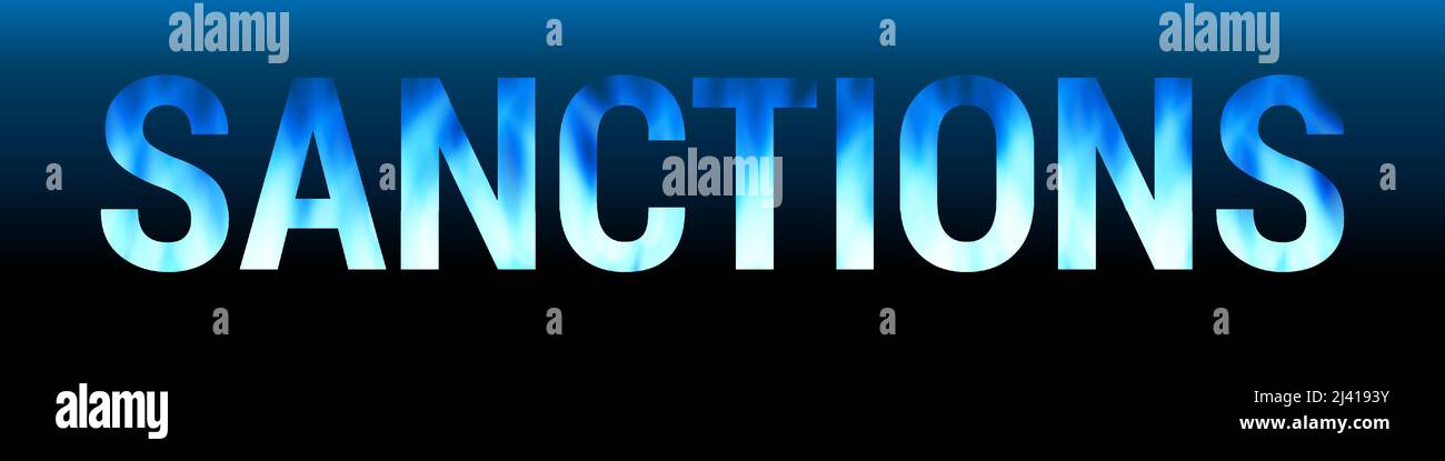 Sanctions word with gas flame. Banner on dark blue background. Neon ... Sanctions word with gas flame. Banner on dark blue background. Neon ...