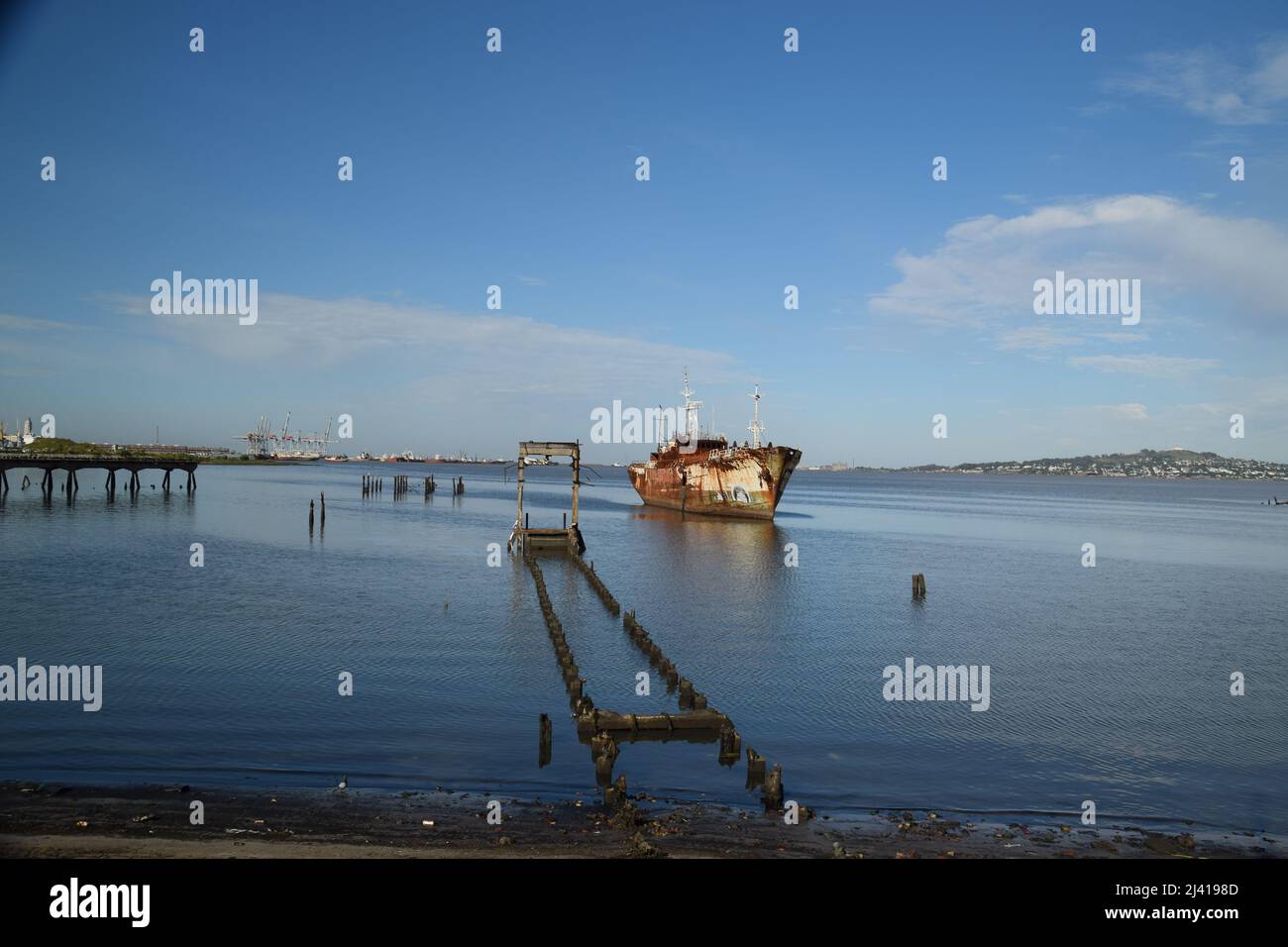 View of the old abandoned ship in Montevideo harbor, Uruguay Stock ...