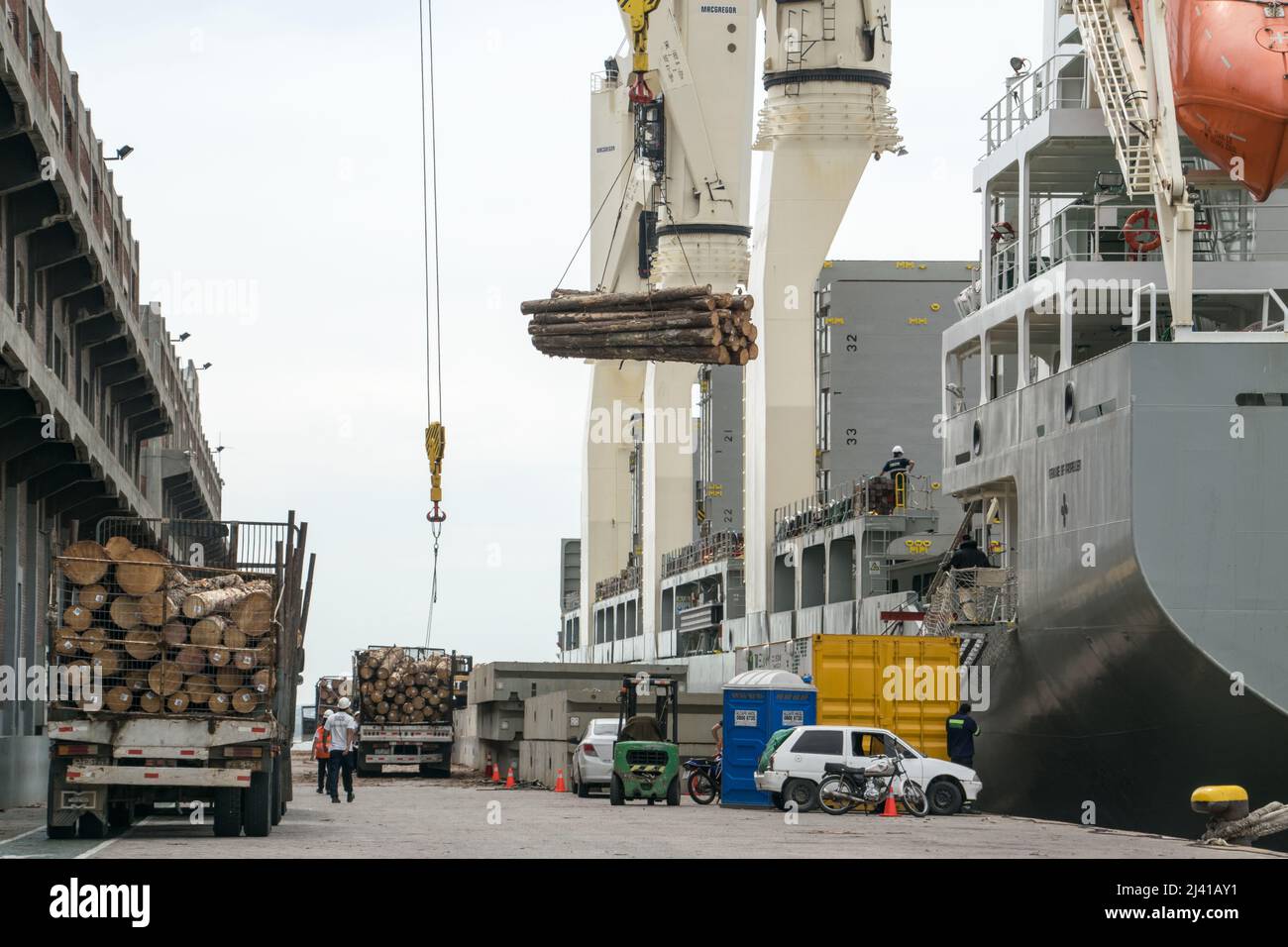 Large cargo ship full of containers in the port of Montevideo, Uruguay ...