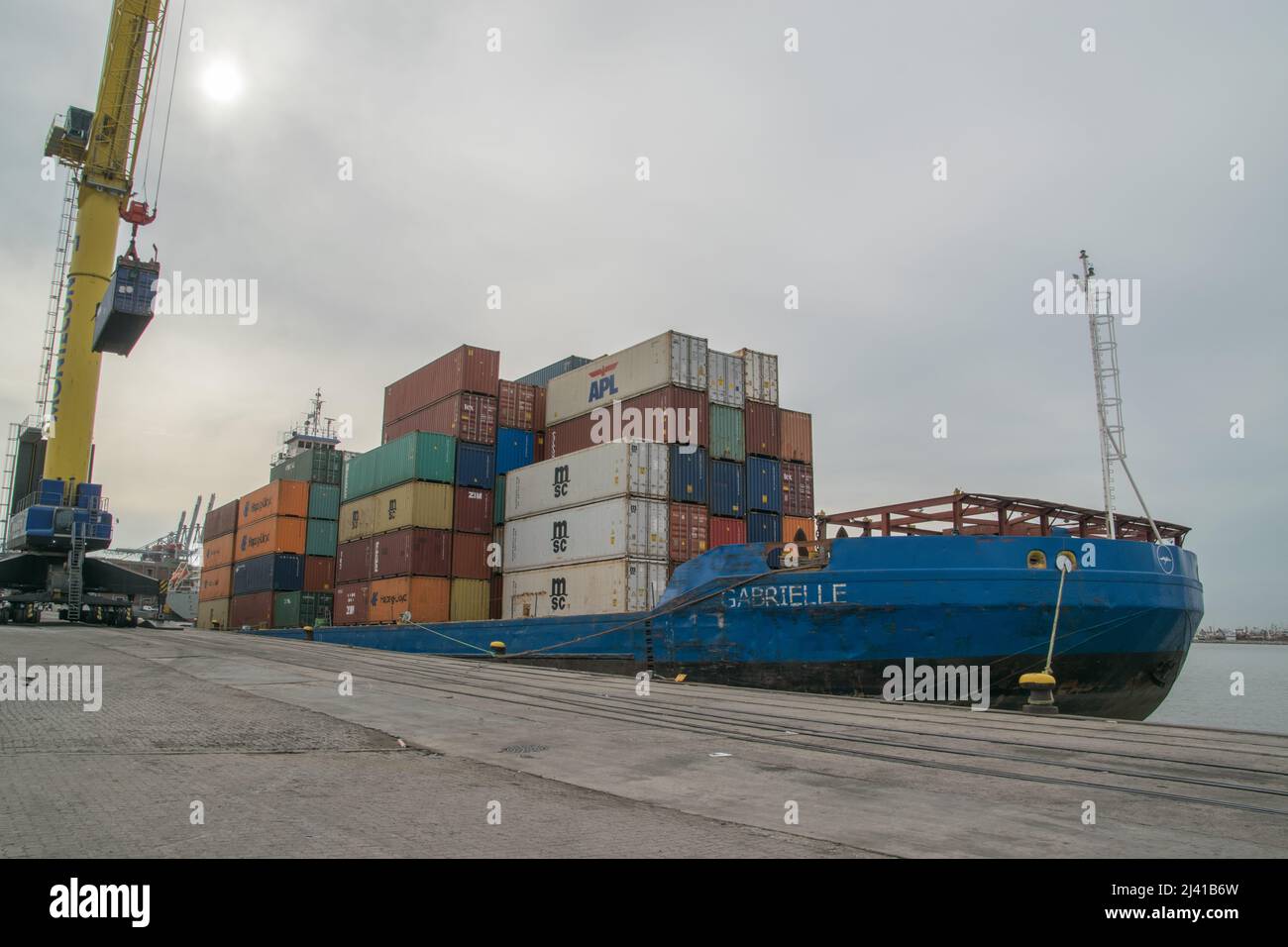 Large cargo ship full of containers in the port of Montevideo, Uruguay ...
