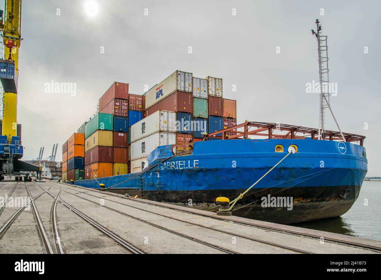 Large cargo ship full of containers in the port of Montevideo, Uruguay ...