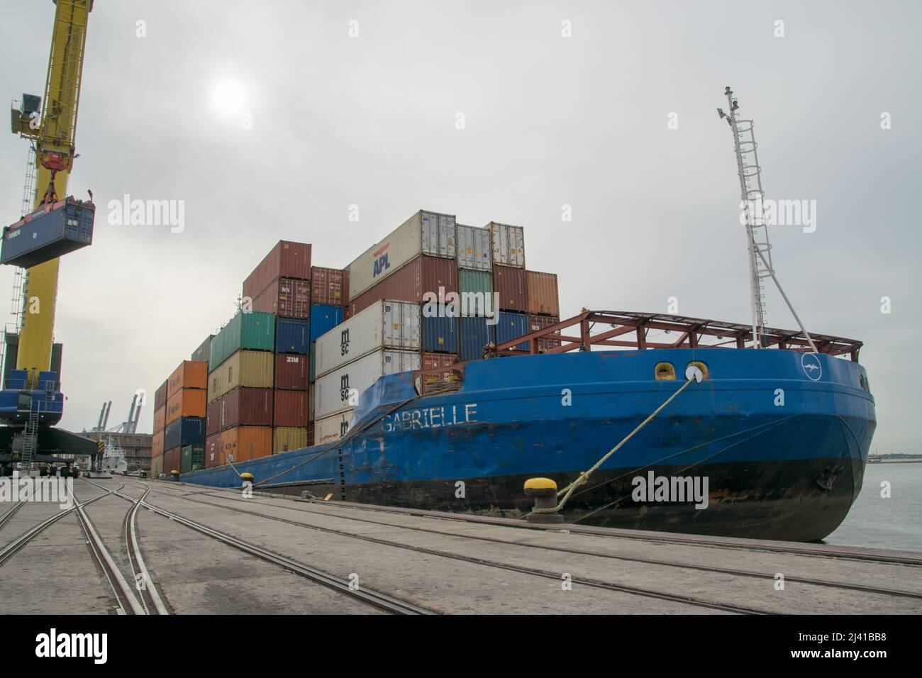 Large cargo ship full of containers in the port of Montevideo, Uruguay ...