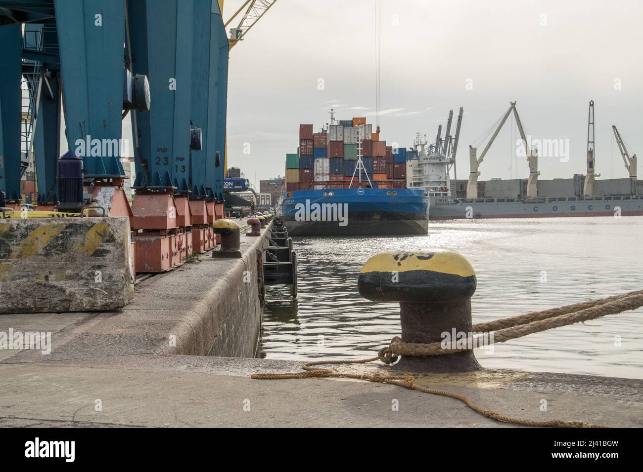 Large cargo ship full of containers in the port of Montevideo, Uruguay ...