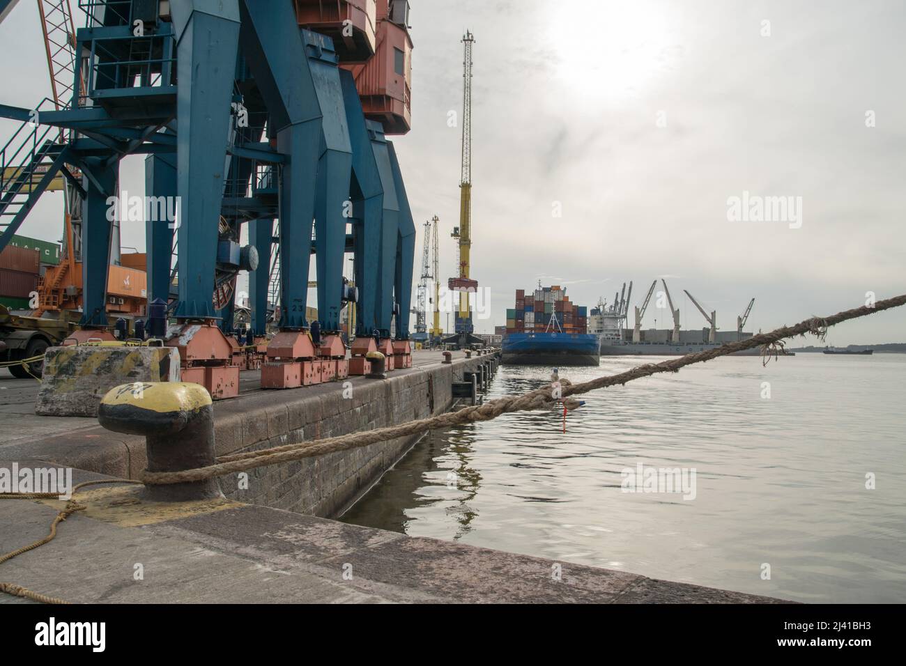 Large cargo ship full of containers in the port of Montevideo, Uruguay ...