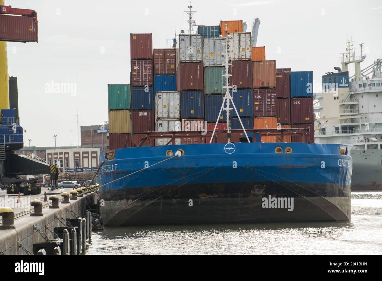 Large cargo ship full of containers in the port of Montevideo, Uruguay ...