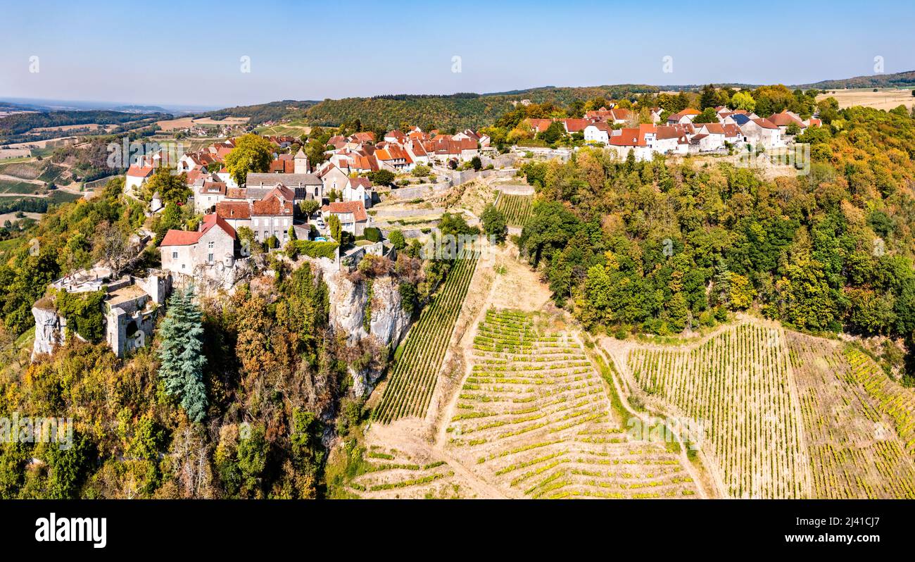 Chateau-Chalon above its vineyards in Franche-Comte, France Stock Photo ...