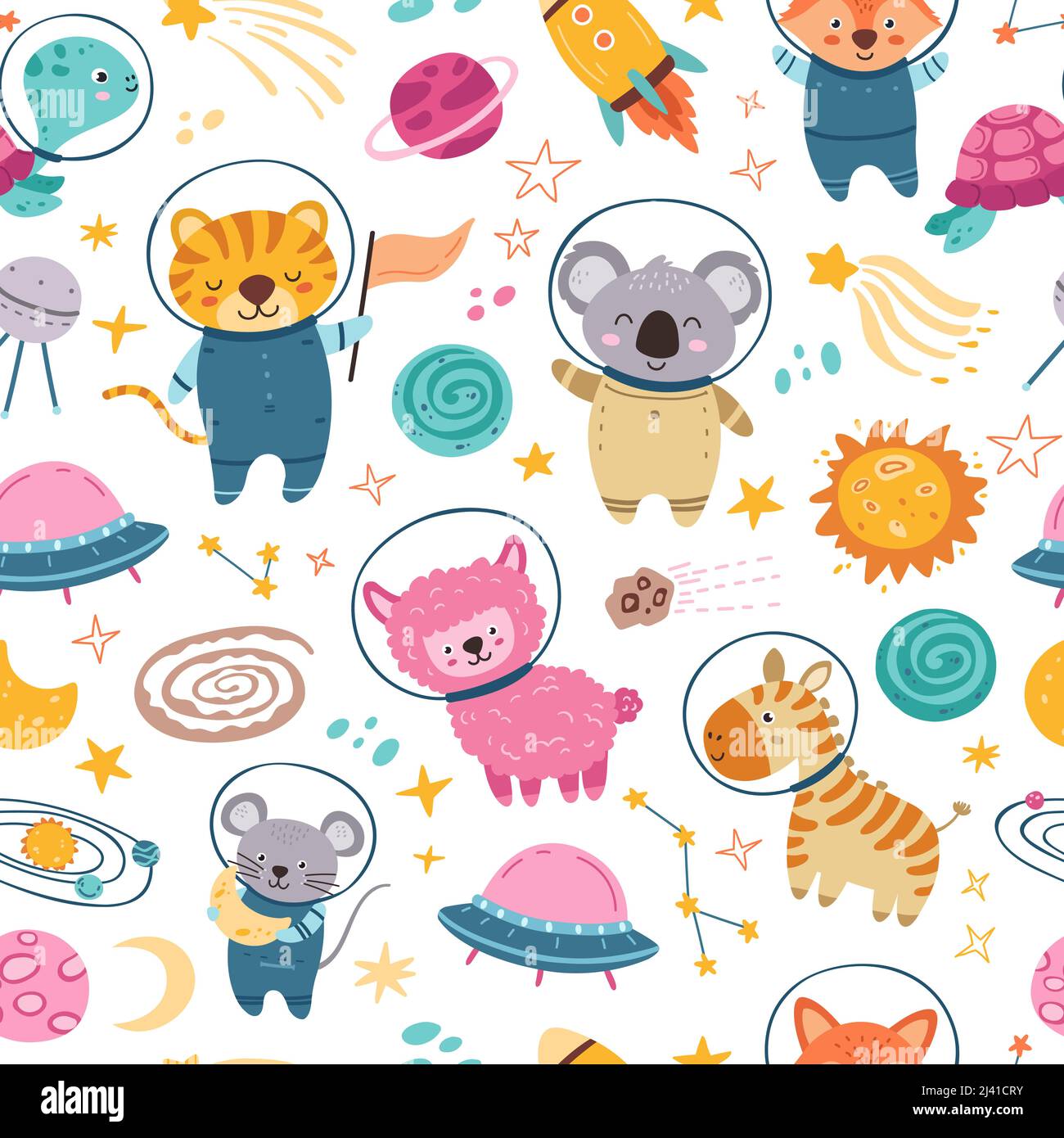 Space animals seamless pattern. Child cosmos elements, cute planets and ...