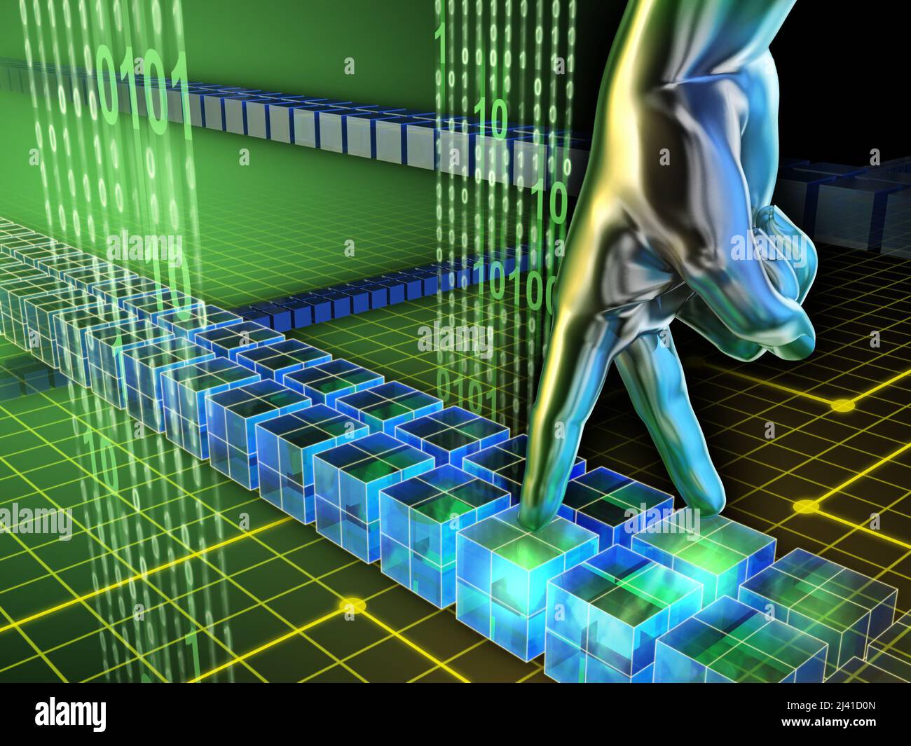 Hand walks on a cyber path using its fingers. Digital illustration ...