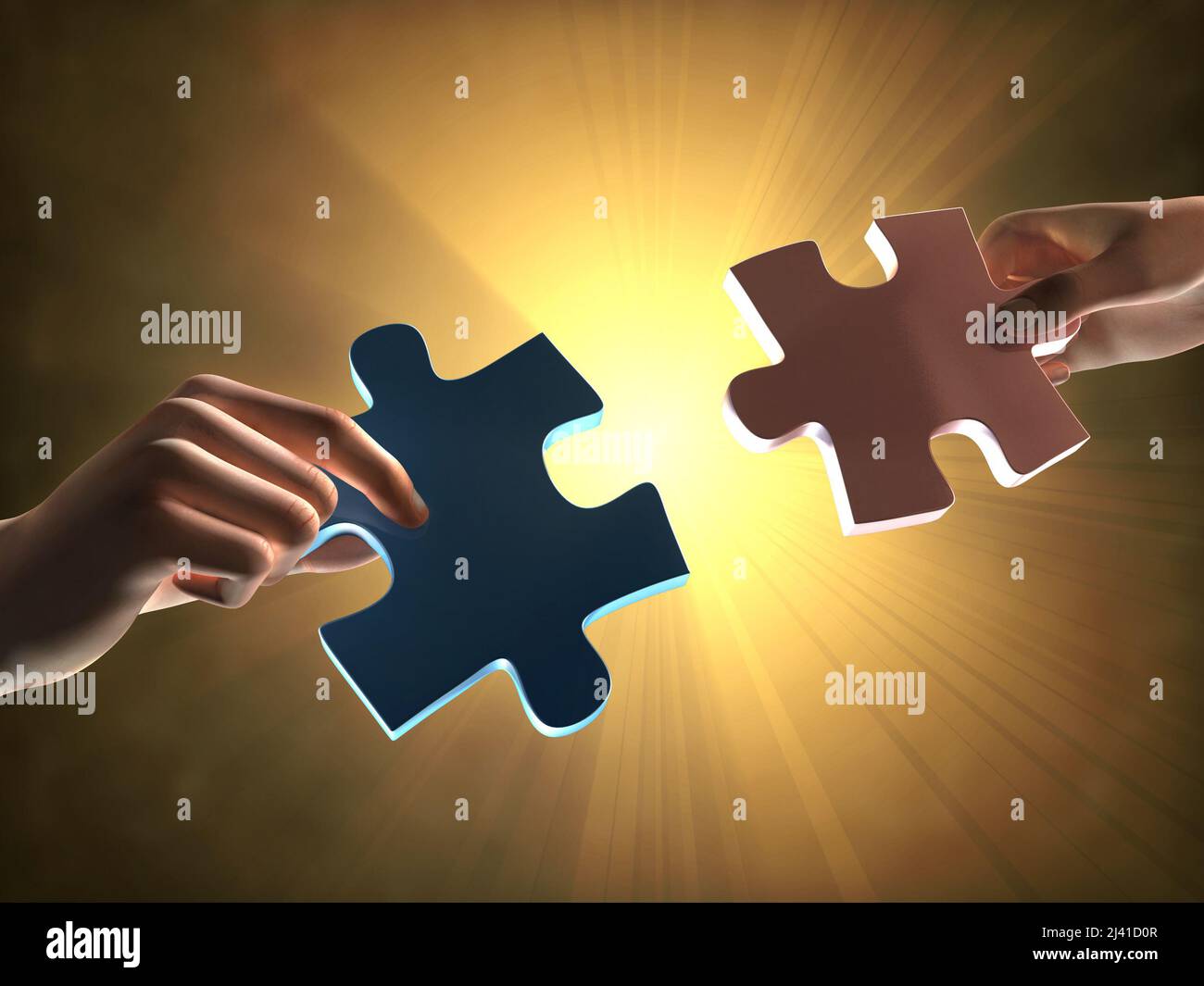 Hands holding two puzzle pieces. 3D illustration Stock Photo - Alamy