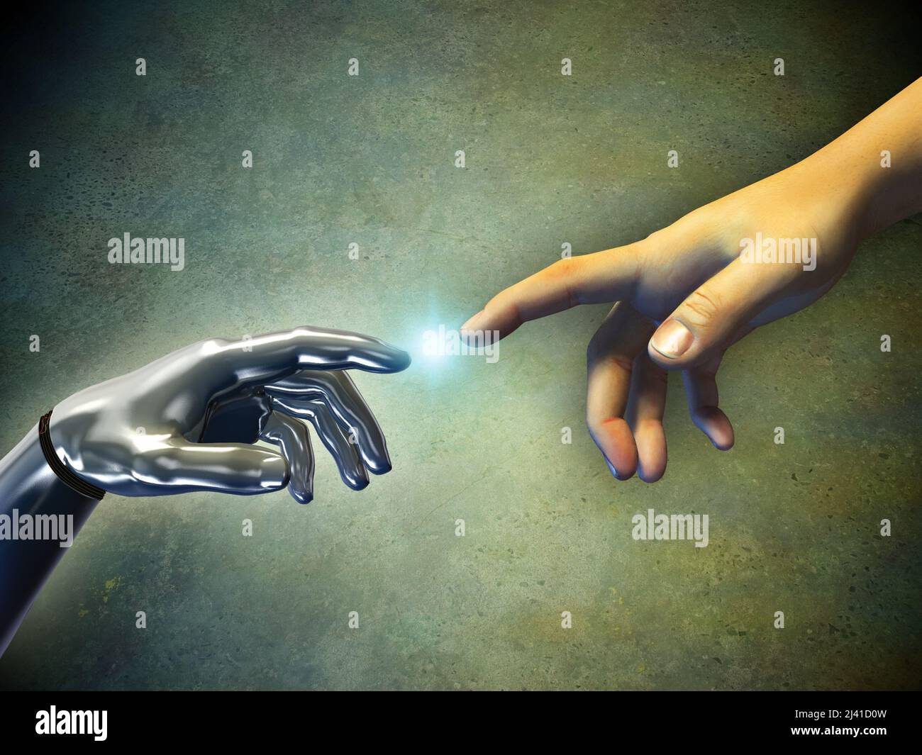 Human hand touching an android hand. Digital illustration Stock Photo ...