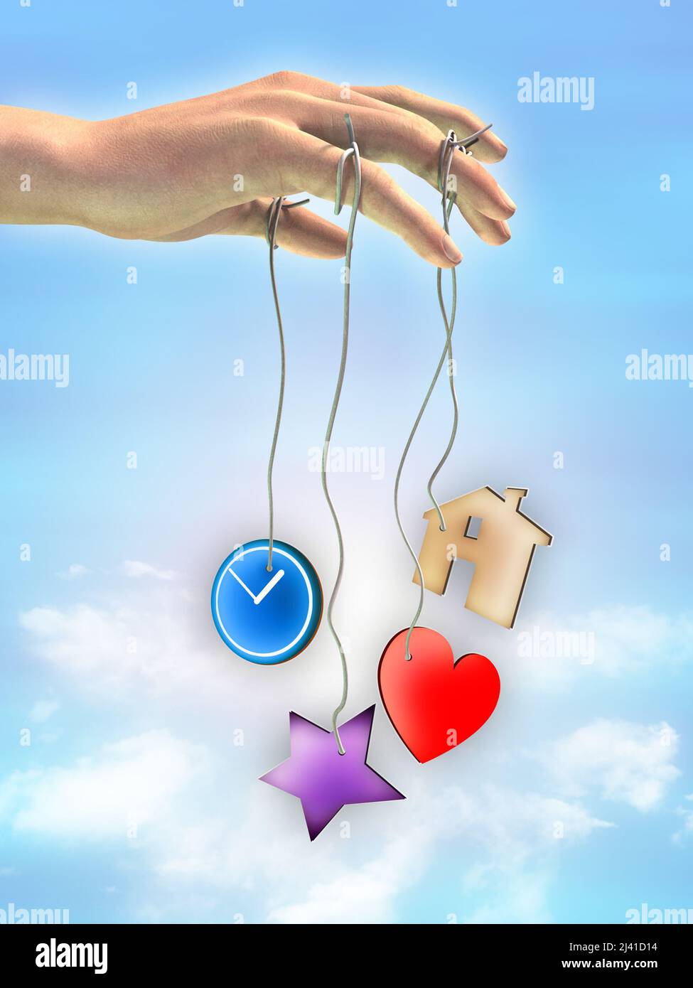 Hand with strings tied to its fingers. The strings end with icons ...