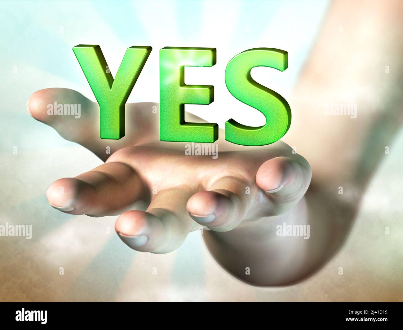 Open hand holding the yes word. Digital illustration Stock Photo - Alamy